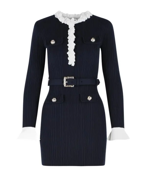 SELF-PORTRAIT Flower Detailed Knitted Mini Dress - Navy