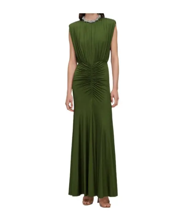 SELF-PORTRAIT Jersey Gathered Maxi Dress - Olive