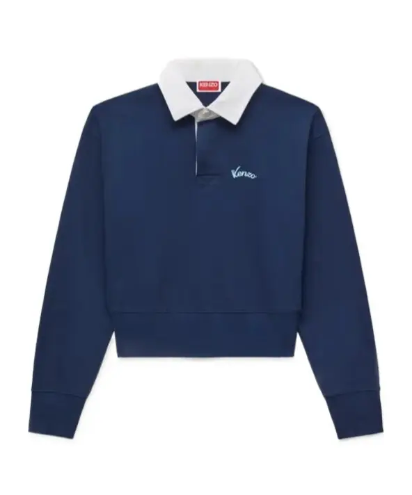 Kenzo Varsity' Embroidered Long Sleeve Polo In Heavy Cotton - Blue-black