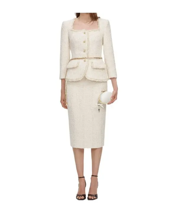 SELF-PORTRAIT Boucle Tailored Chain Midi Dress - Cream