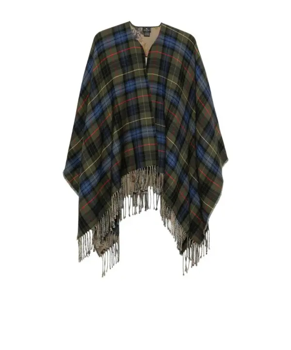 Etro Tartan Fringed Poncho - Khaki Green And Multicolour