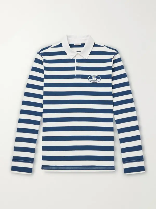 Burberry Logo-embroidered Striped Cotton Polo Sweater - Blue