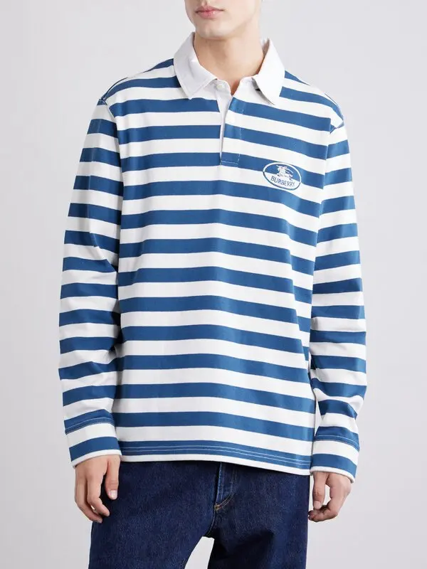 Burberry Logo-embroidered Striped Cotton Polo Sweater - Blue