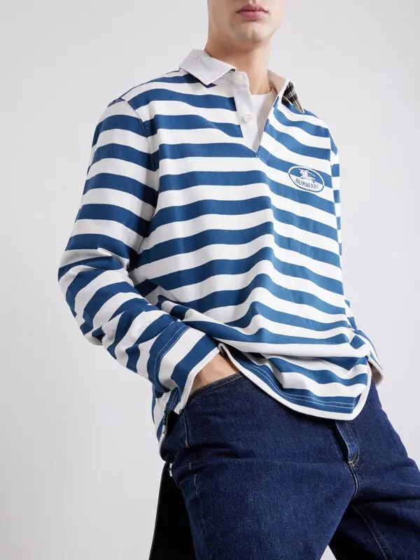 Burberry Logo-embroidered Striped Cotton Polo Sweater - Blue
