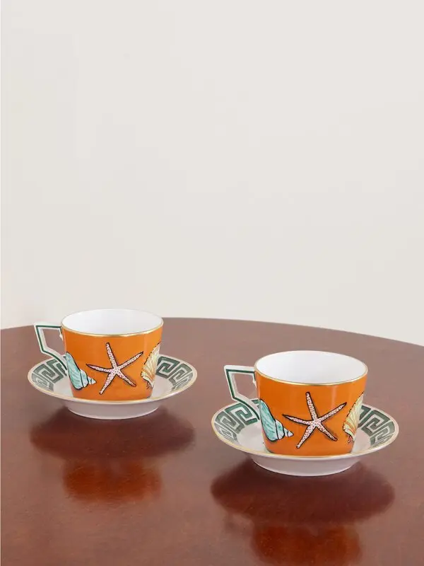 GINORI 1735 Il Viaggio Di Nettuno Porcelain Teacup And Saucers - Orange