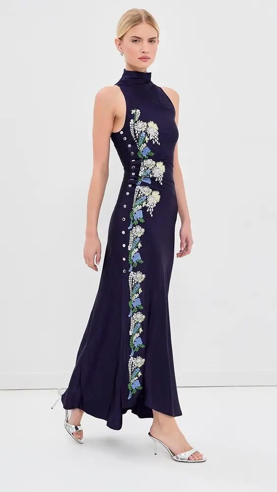 Rabanne Embroidered Draped Jersey Long Dress