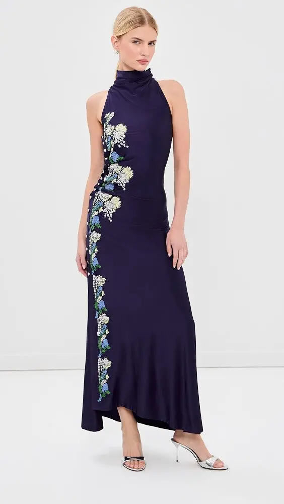 Rabanne Embroidered Draped Jersey Long Dress
