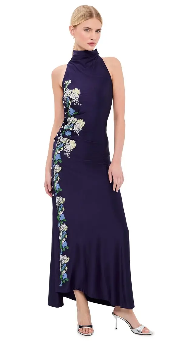 Rabanne Embroidered Draped Jersey Long Dress - Sailor Blue