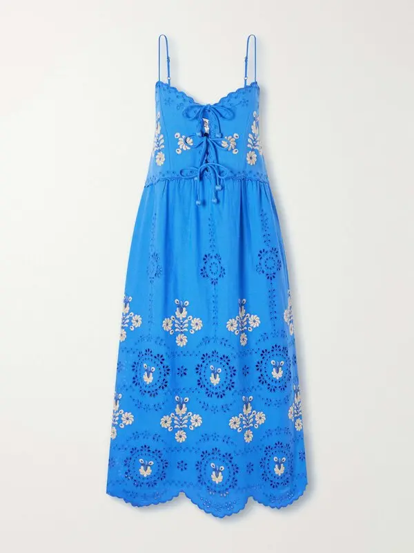 Sea Catharina Floral-embroidered Cotton And Linen-blend Maxi Dress - Blue