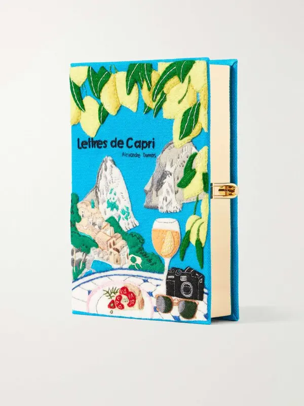 OLYMPIA LE-TAN Lettres De Capri Embroidered Canvas Clutch - Blue