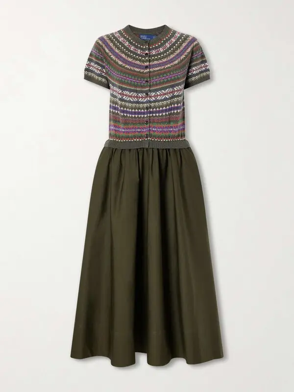 Polo Ralph Lauren Striped Wool, Cotton And Cashmere-blend Midi Dress - Army Green