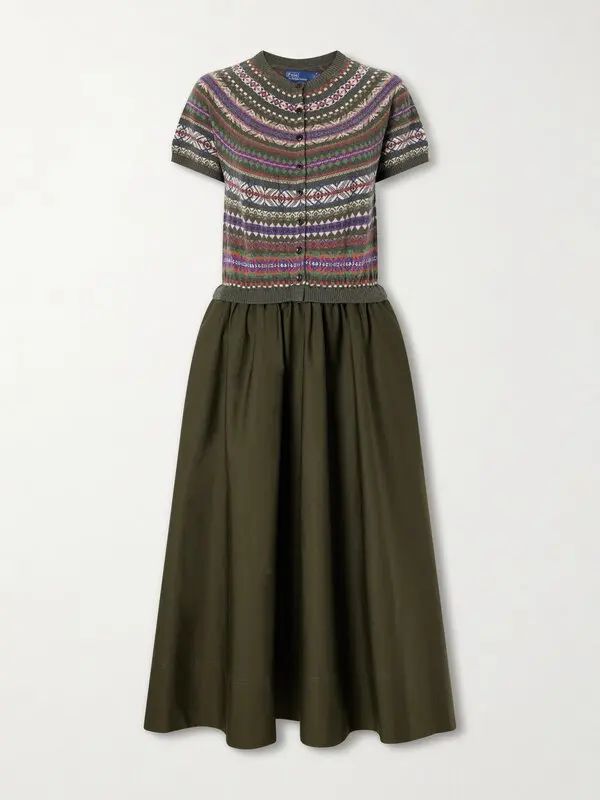 Polo Ralph Lauren Striped Wool, Cotton And Cashmere-blend Midi Dress - Green