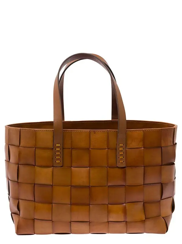 Dragon Diffusion Brown Woven Leather Double Handle Shopper Bag For