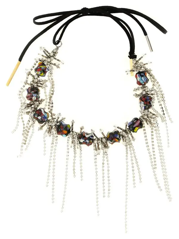 Dries Van Noten Sculptural Beaded Statement Necklace With Crystal Fringes - Black