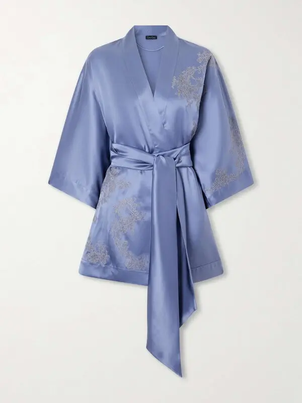 Carine Gilson Lace-embroidered Silk-satin Robe - Blue