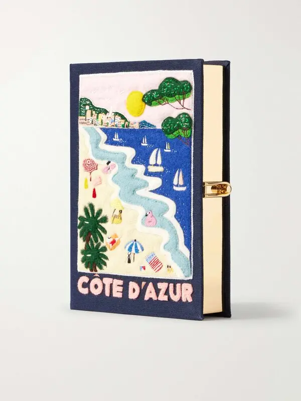 OLYMPIA LE-TAN Cote D'azur Embroidered Canvas Clutch - Navy