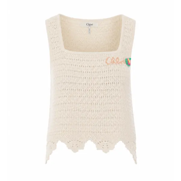 Chloé Cropped Crochet Knit Top With Appliqué Logo - White