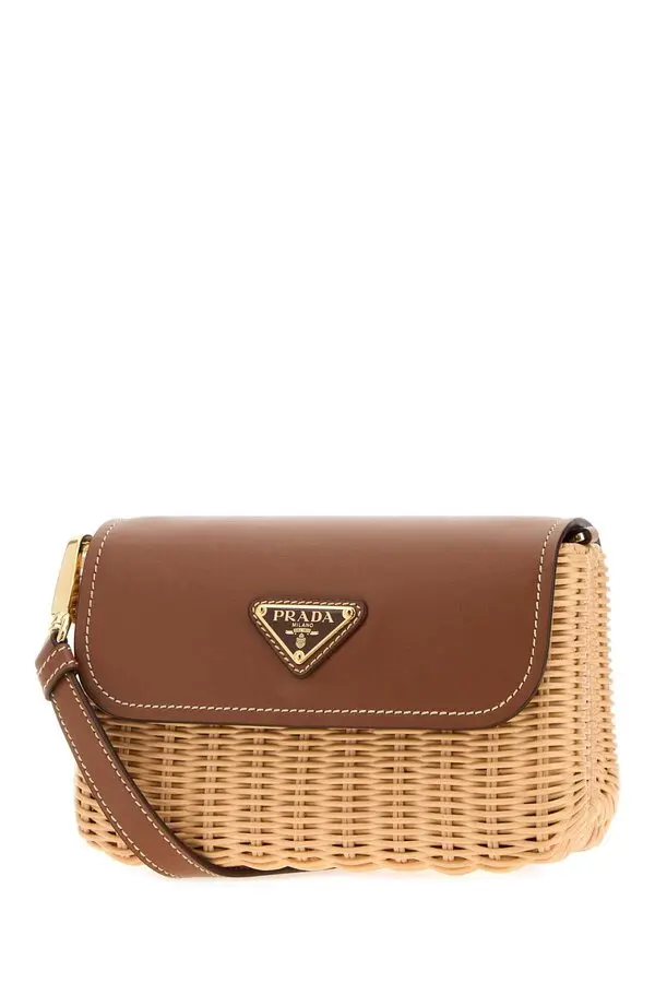 Prada Two-tone Wicker And Leather Crossbody Bag - Brown