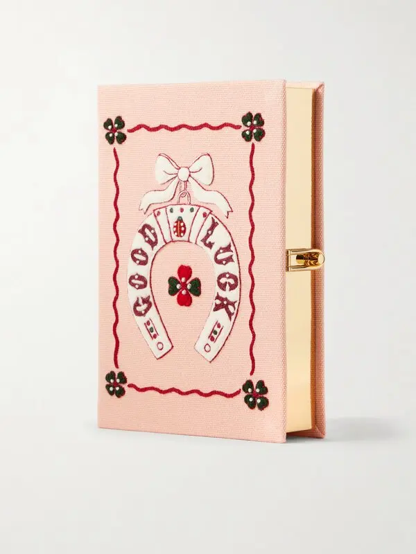 OLYMPIA LE-TAN Good Luck" Embroidered Canvas Clutch - Pink