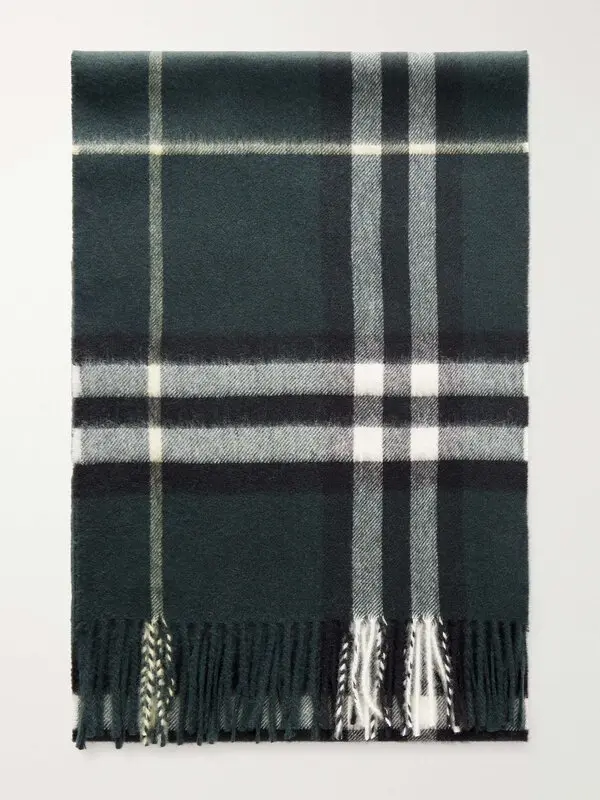Burberry Fringed Checked Cashmere Scarf - Green