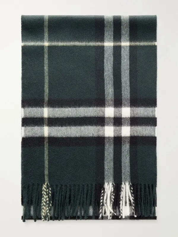 Burberry Fringed Checked Cashmere Scarf - Green