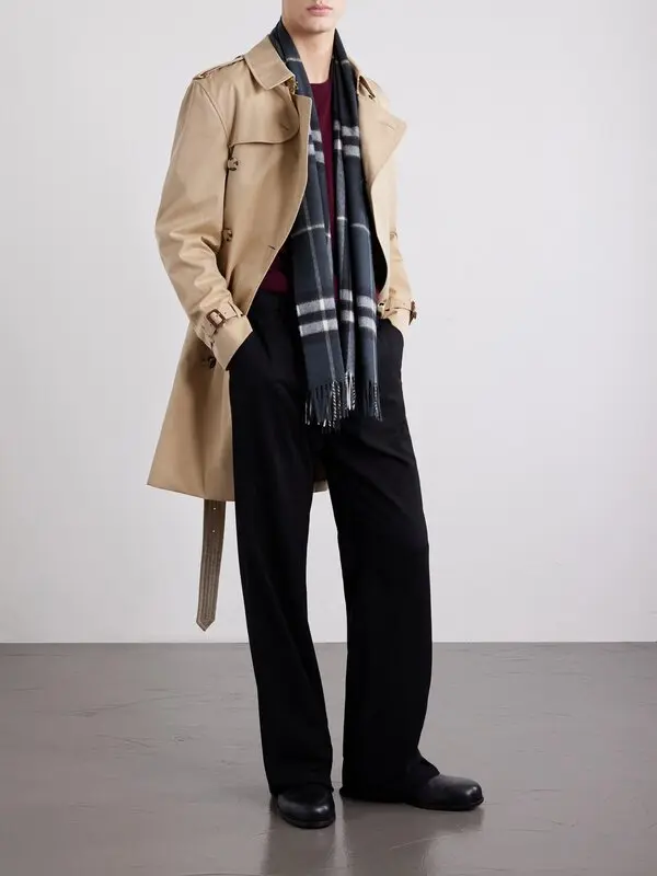 Burberry Fringed Checked Cashmere Scarf - Green