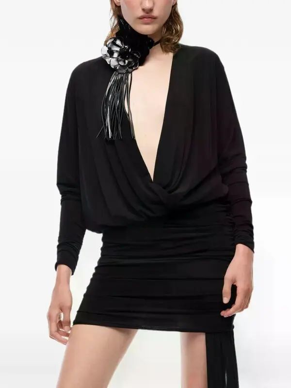 Pinko Long Sleeve Mini Dress With Gathered Skirt And Ribbon Detail