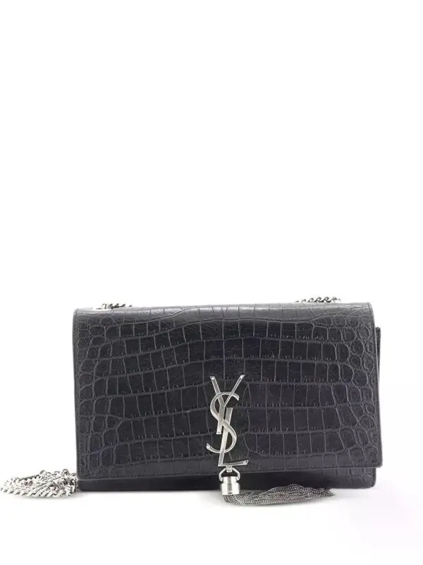 Saint Laurent Classic Monogram Tassel Crocodile Embossed Leather Medium Crossbody Bag - Black