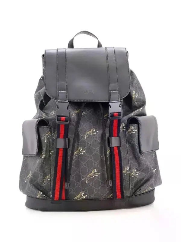 Gucci Double Pocket Buckle Printed Gg Coated Canvas Backpack - Black