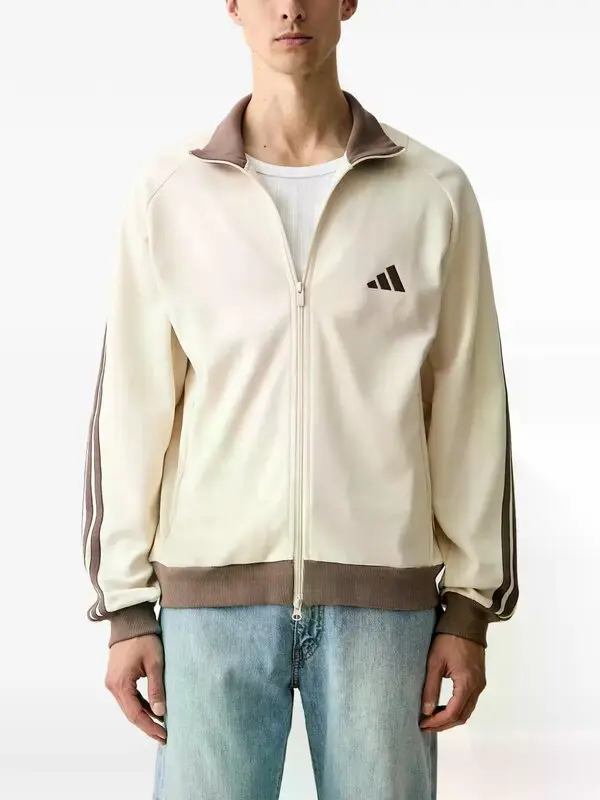 Adidas Logo-embroidered Striped-sleeve Zip-up Sweatshirt - Neutrals