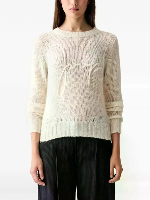 JOOP! Logo Embroidered Open-knit Crew Neck Sweater - White