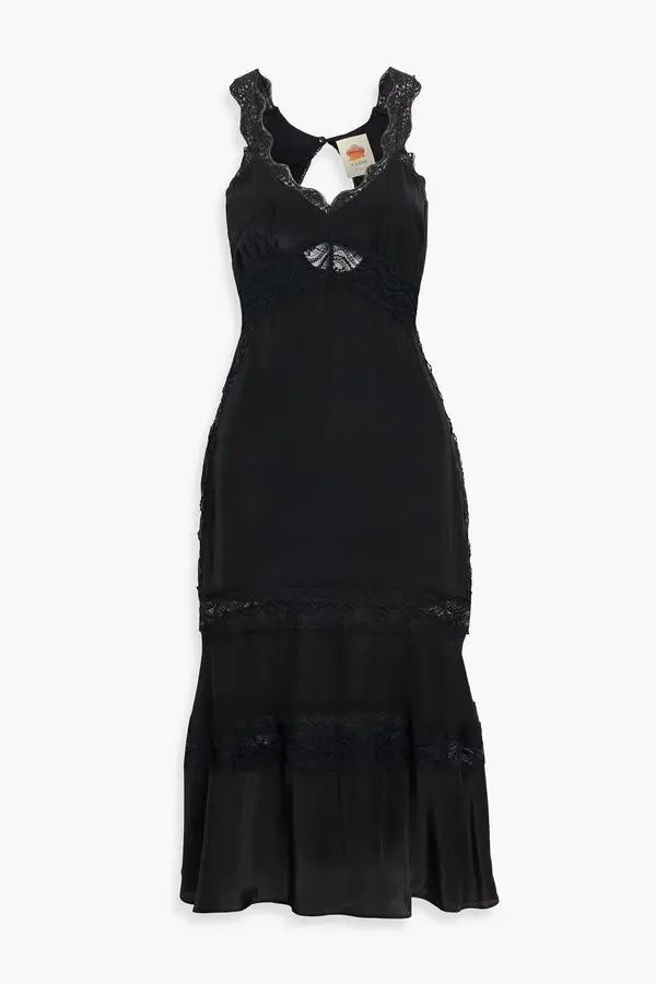 Farm Rio Satin, Chiffon And Lace Midi Dress - Black