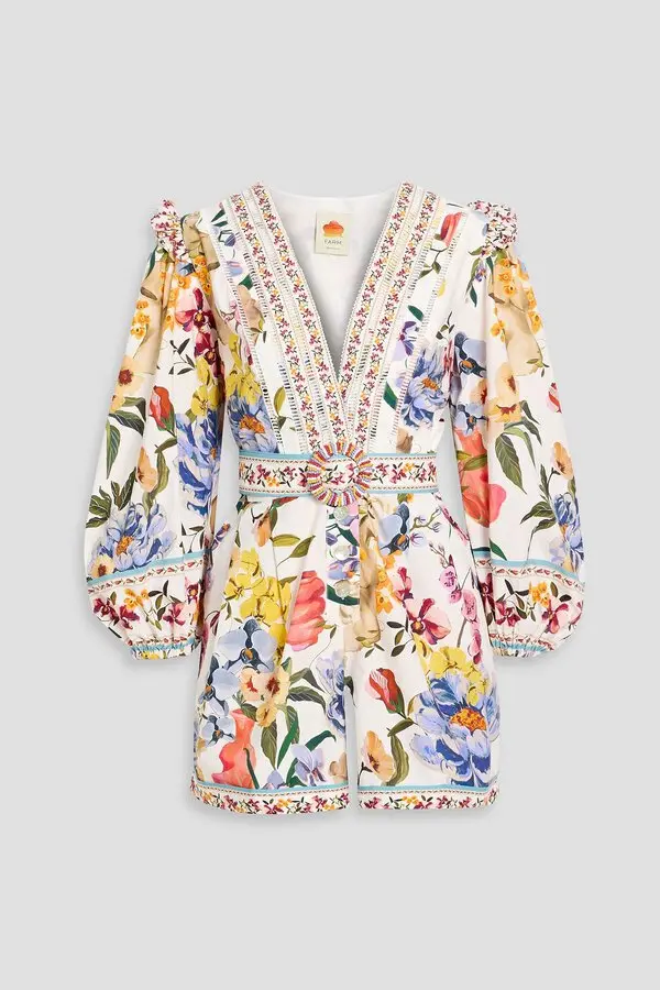Farm Rio Belted Floralprint Cotton Playsuit - White