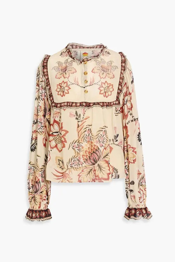 Farm Rio Ruffled Floralprint Voile Blouse - Sand
