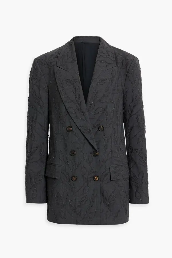 Brunello Cucinelli Doublebreasted Embroidered Woolblend Blazer - Dark Gray