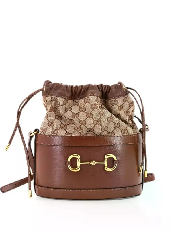 Gucci Horsebit 1955 Crossbody Bag Leather And Gg Canvas Small Bucket Bag - Brown