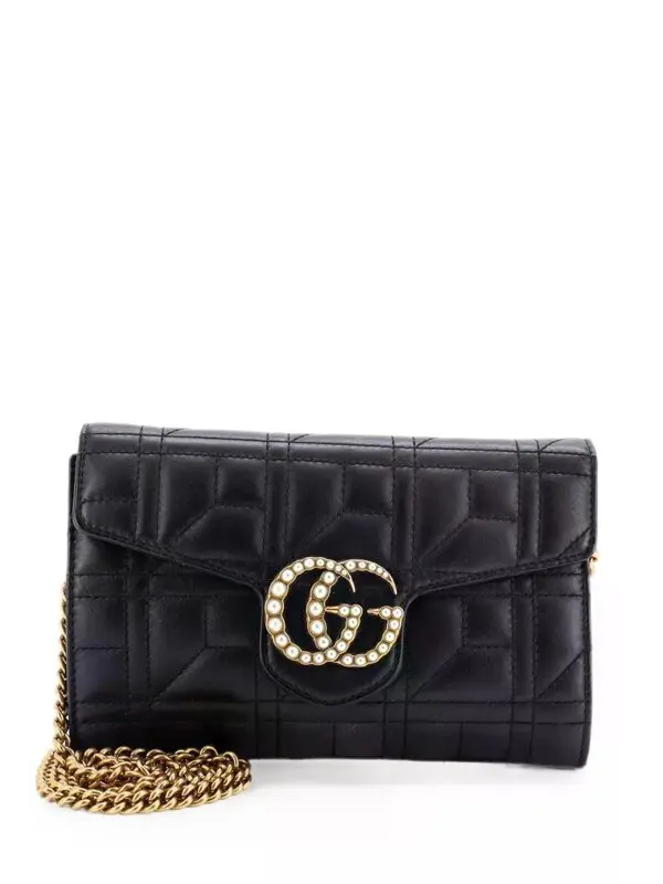 Gucci Pearly Gg Marmont Chain Wallet Matelasse Leather Mini Shoulder Bag - Black