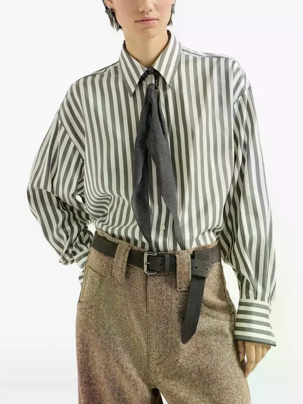 Brunello Cucinelli Striped Silk Poplin Shirt With Virgin Wool Foulard - White