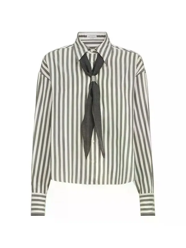 Brunello Cucinelli Striped Silk Poplin Shirt With Virgin Wool Foulard - White