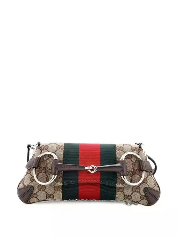 Gucci Horsebit Nm Web Chain Clutch Gg Canvas Small Shoulder Bag - Brown