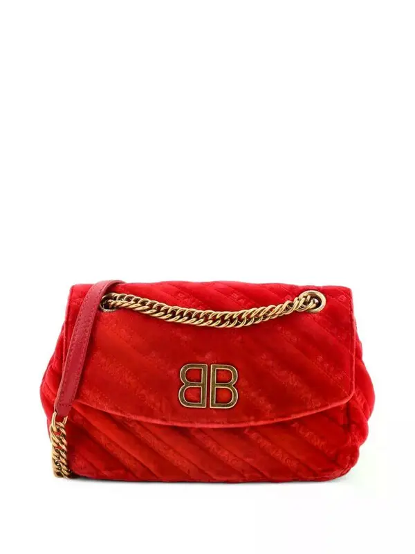 Balenciaga Bb Chain Round Quilted Velvet Small Shoulder Bag - Red