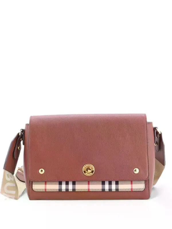 Burberry Note Leather With Vintage Check Canvas Medium Crossbody Bag - Brown