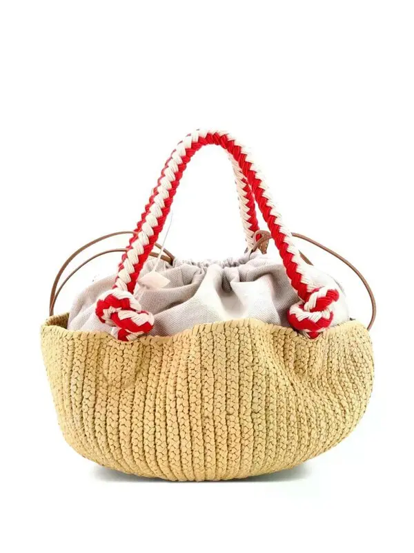 Prada Raffia Crochet Tote Bag With Charm - Neutrals