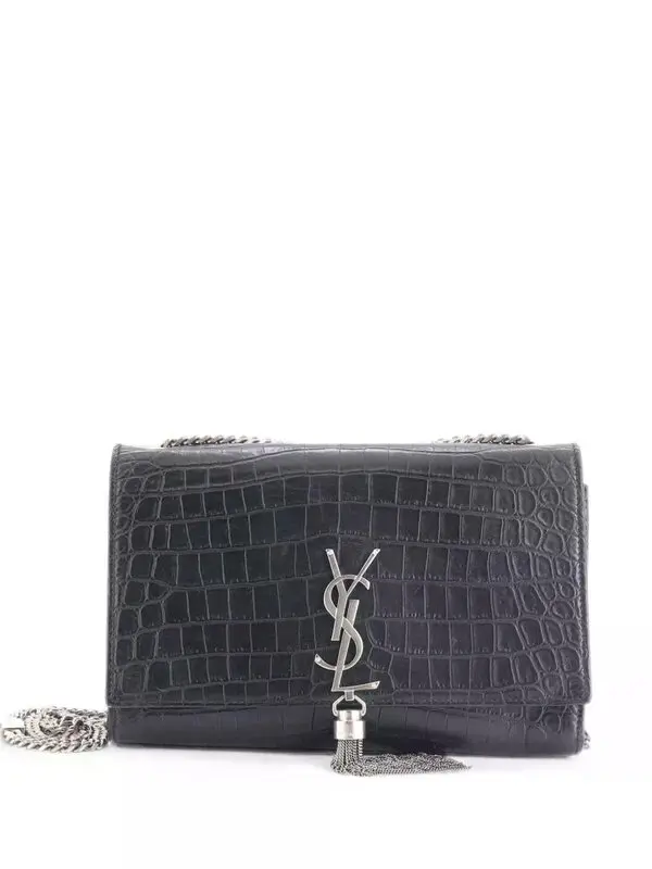 Saint Laurent Classic Monogram Tassel Crocodile Embossed Leather Medium Crossbody Bag - Black