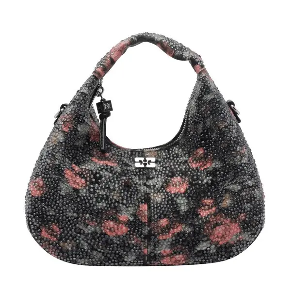GANNI Mini Hobo Bag With Beaded Flower And Logo - Black