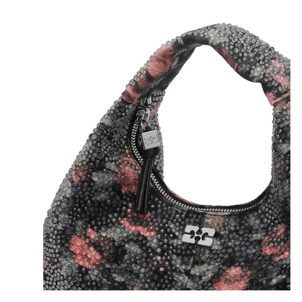 GANNI Mini Hobo Bag With Beaded Flower And Logo - Black