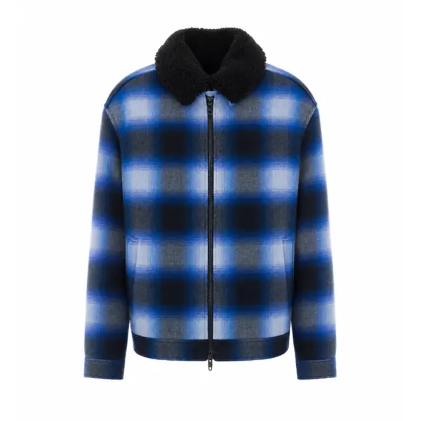 Balenciaga Checked Wool Blend Bomber Jacket With Shearling Detail - Blue