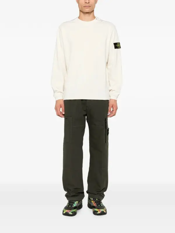 Stone Island Cotton Crew Neck Sweater With Shoulder Button Detail And Logo Patch - White