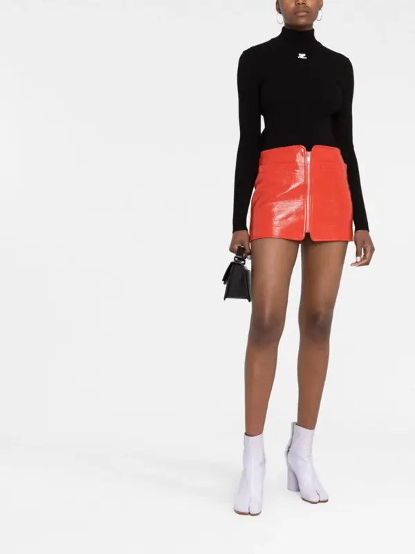 COURREGES Ribbed High Neck Sweater With Logo Patch - Black