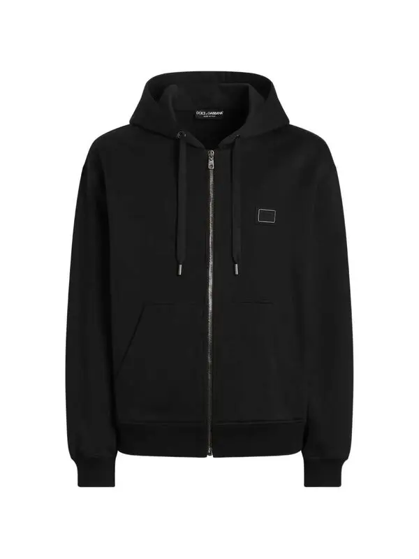 Dolce & Gabbana Zip-up Cotton Hoodie With Logo Plaque - Black